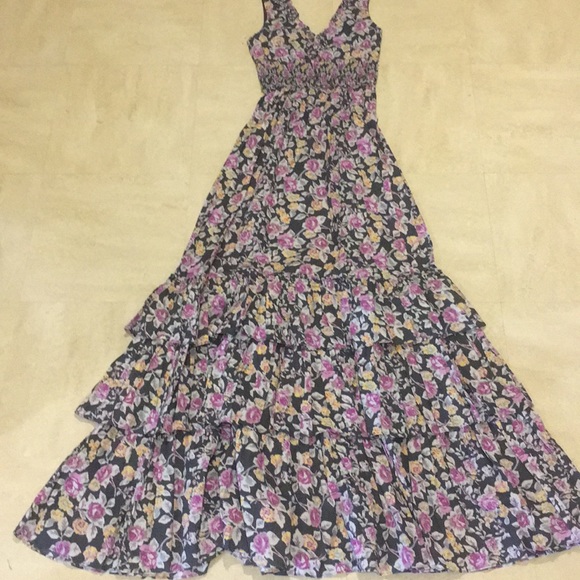 Mango | Dresses | Mango Long Ruffled Dress Brown W Pink Flowers | Poshmark